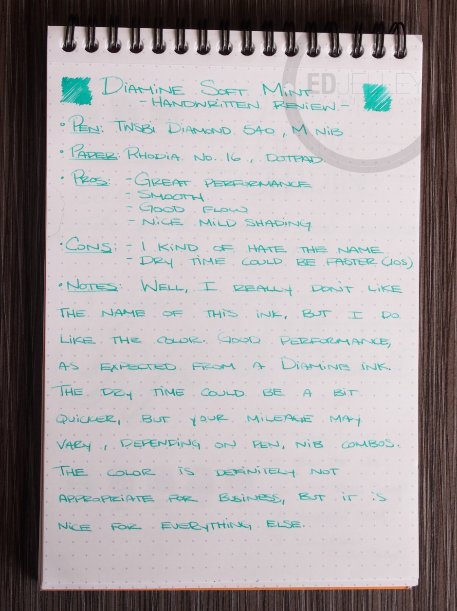 Diamine Soft Mint – Handwritten Ink Review – edjelley.com – Fountain ...